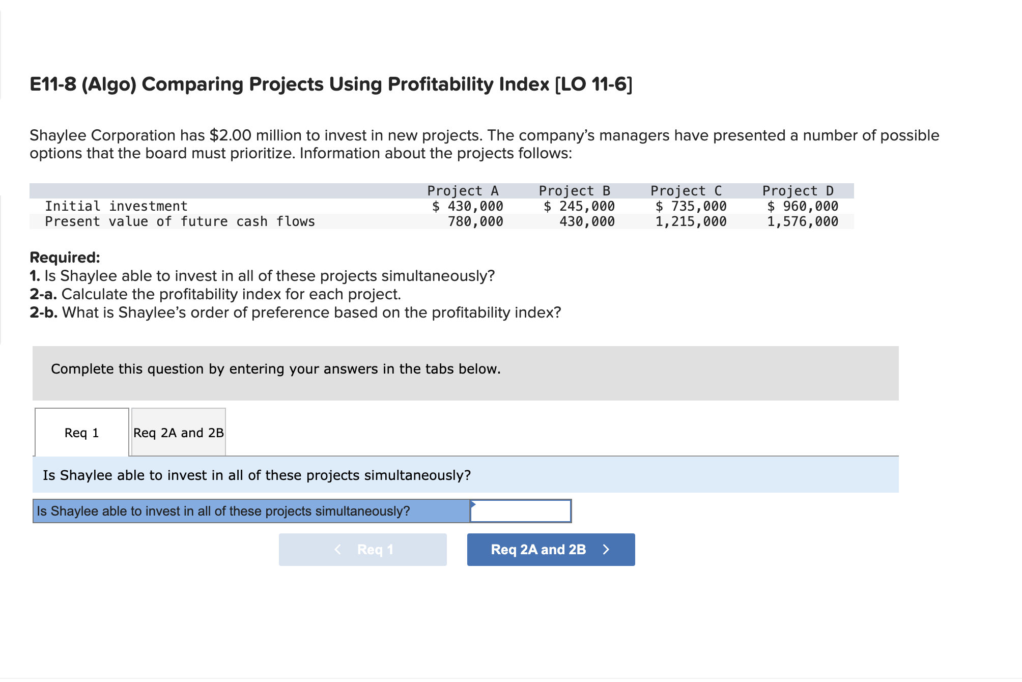 Solved E11-8 (Algo) ﻿Comparing Projects Using Profitability | Chegg.com