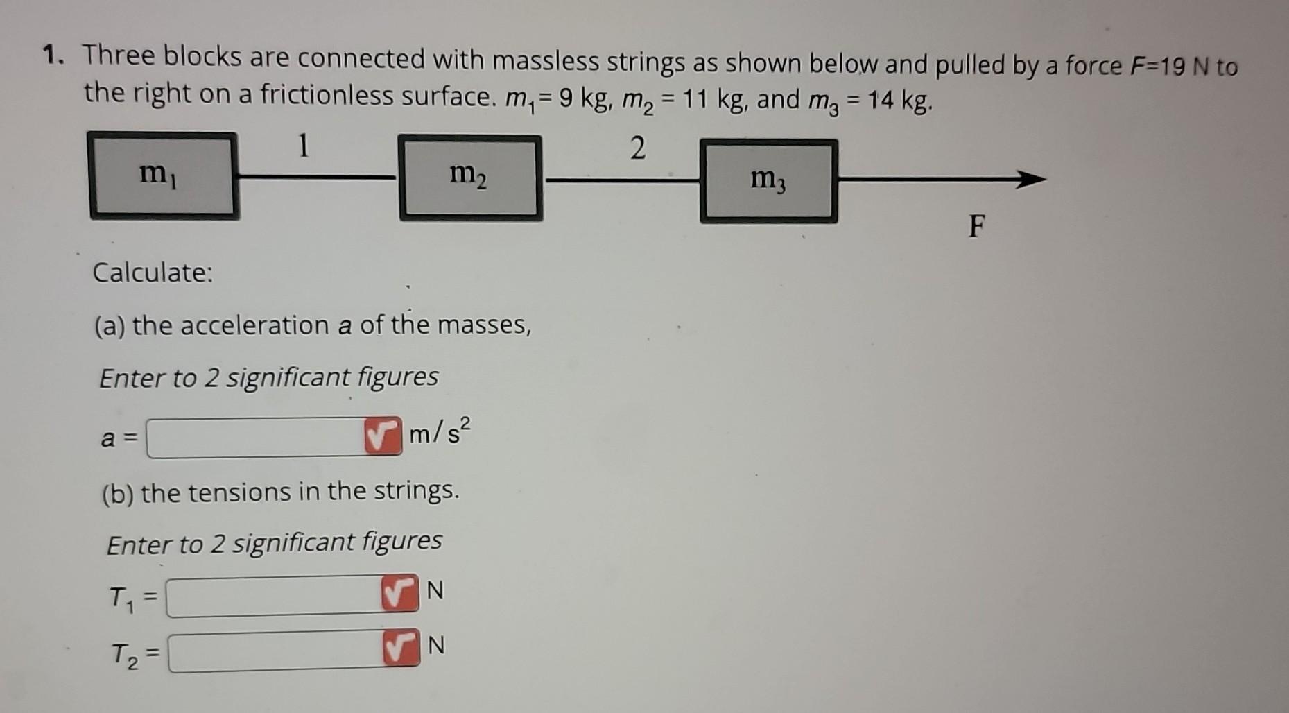 Solved 1. Three blocks are connected with massless strings | Chegg.com