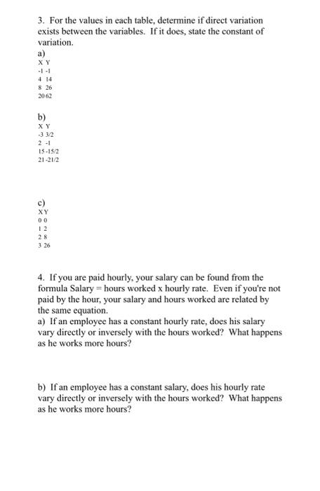 Solved 3. For the values in each table, determine if direct | Chegg.com