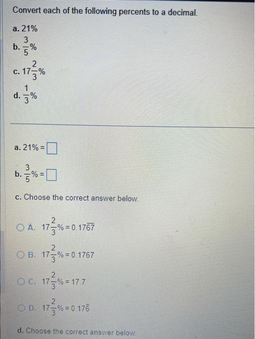 Solved Convert each of the following percents to a decimal. | Chegg.com