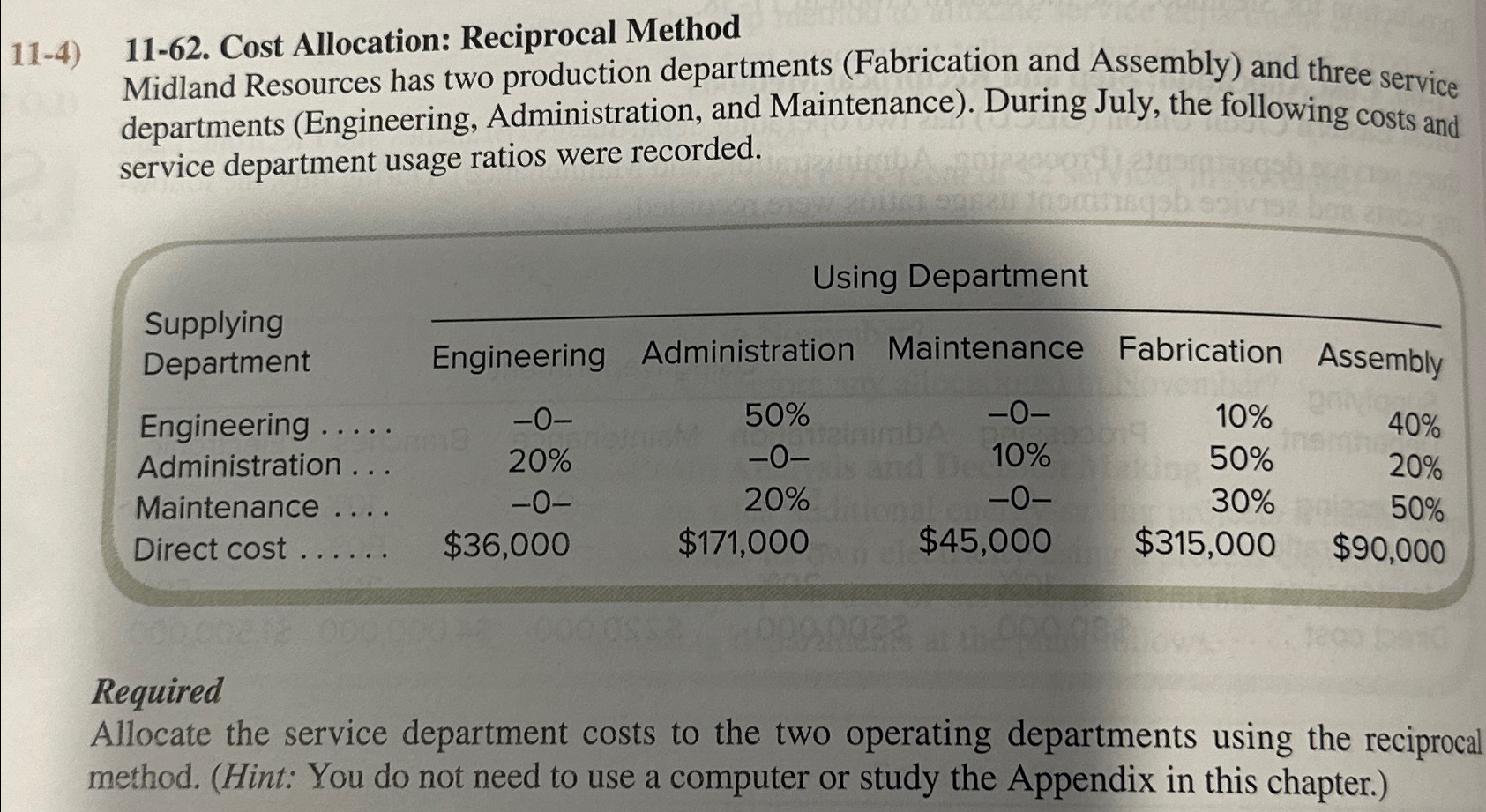 Solved 11-4) 11-62. ﻿Cost Allocation: Reciprocal | Chegg.com