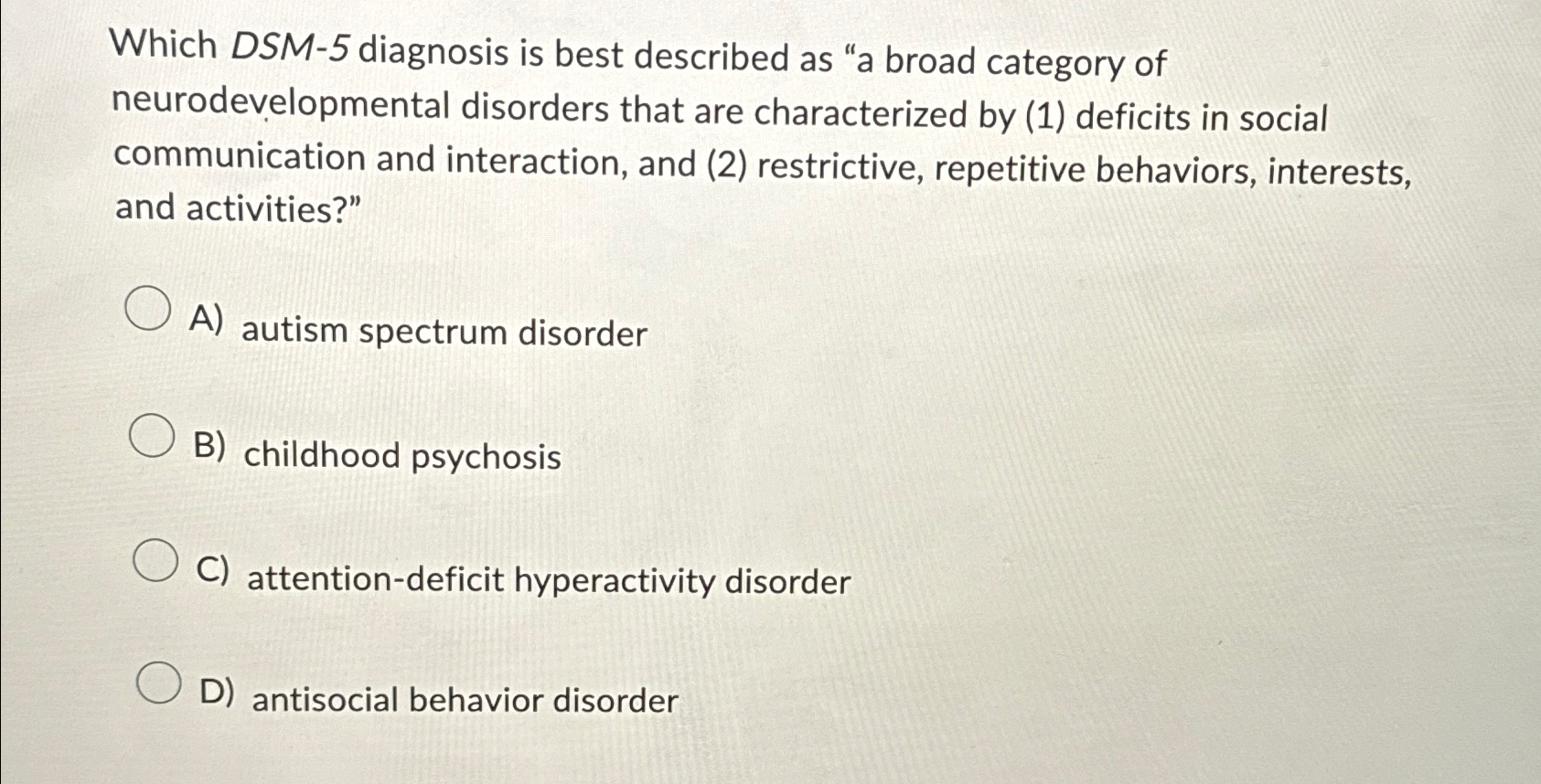 Solved Which DSM-5 ﻿diagnosis is best described as "a broad | Chegg.com