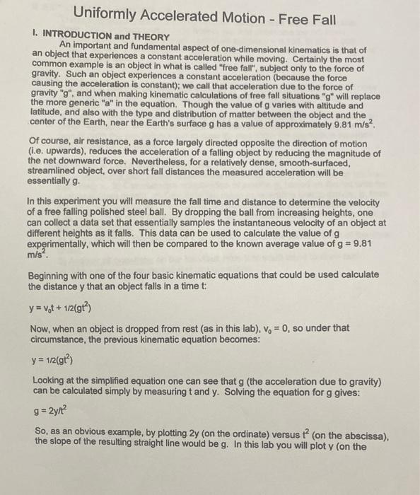 Uniformly Accelerated Motion - Free Fall 1. | Chegg.com