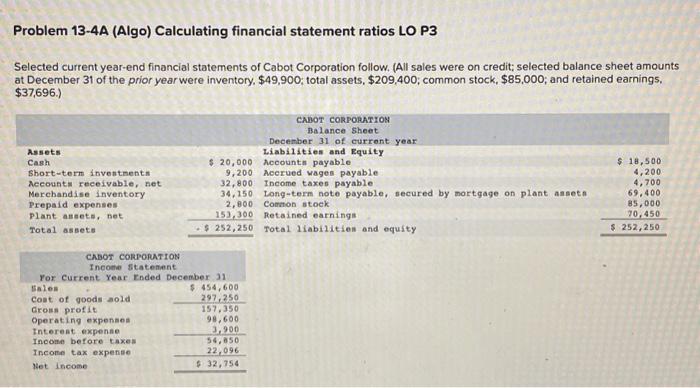 Solved Problem 13-4A (Algo) Calculating financial statement | Chegg.com Solved Problem 13-4A (Algo) Calculating financial statement | Chegg.com