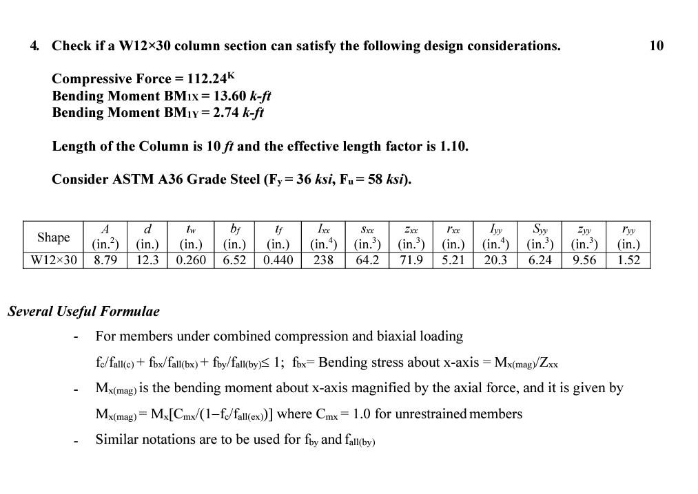 4. Check if a W12x30 column section can satisfy the | Chegg.com