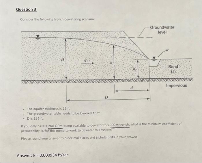 Solved Question 3 Consider the following trench dewatering | Chegg.com