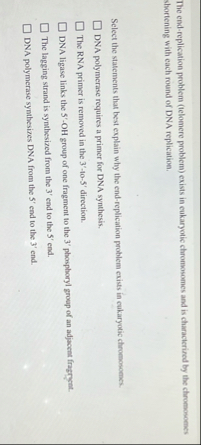 Solved The end-replication problem (telomere problem) | Chegg.com