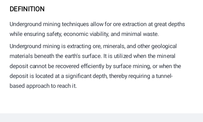Solved DEFINITIONUnderground mining techniques allow for ore | Chegg.com