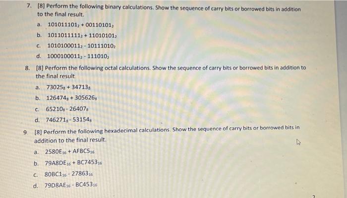 Solved 7. [8] Perform the following binary calculations. | Chegg.com