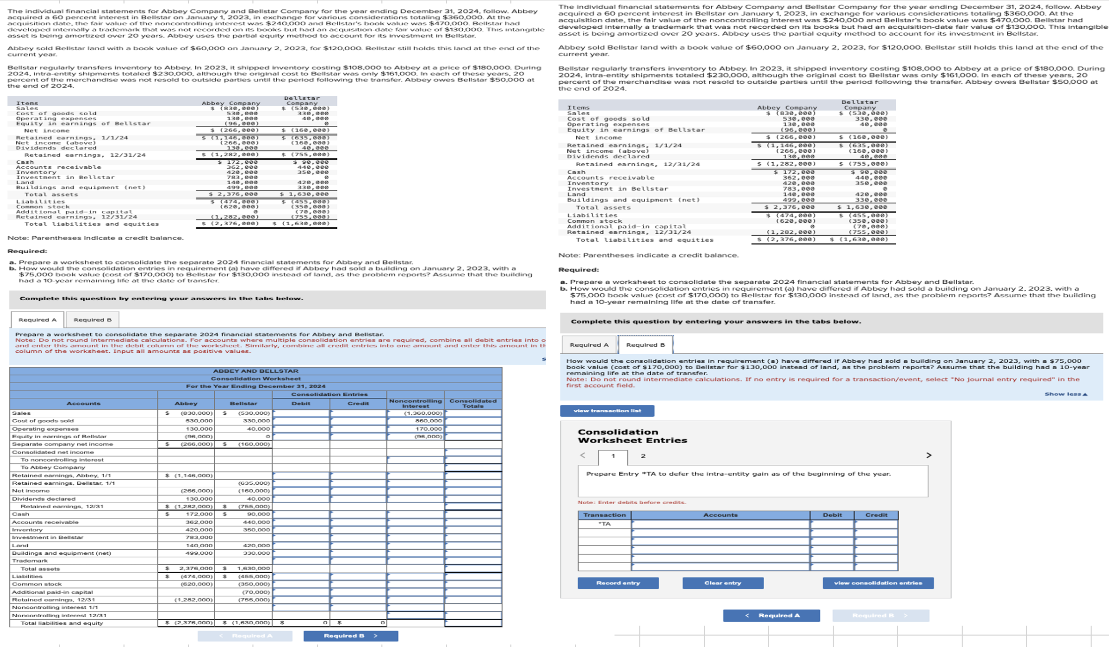 Solved The individual financial statements for Abbey Company | Chegg.com