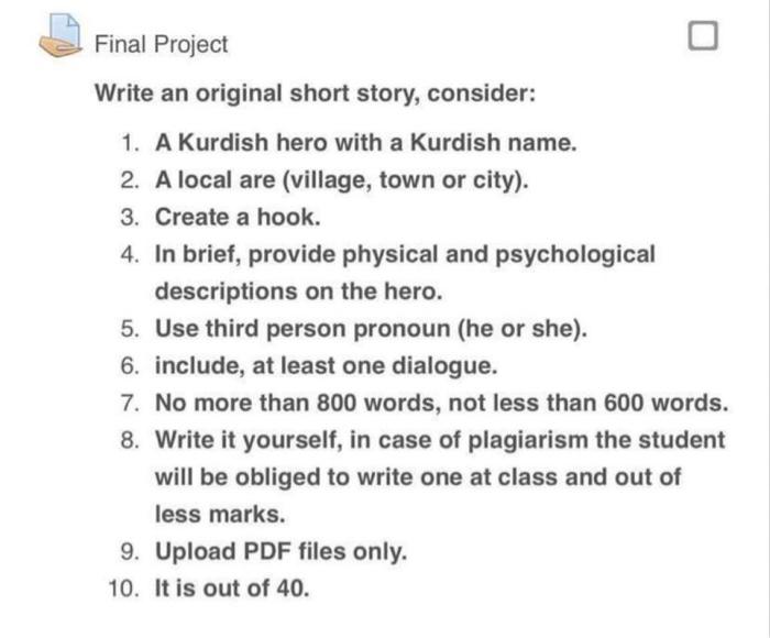 Final Project Write an original short story, | Chegg.com