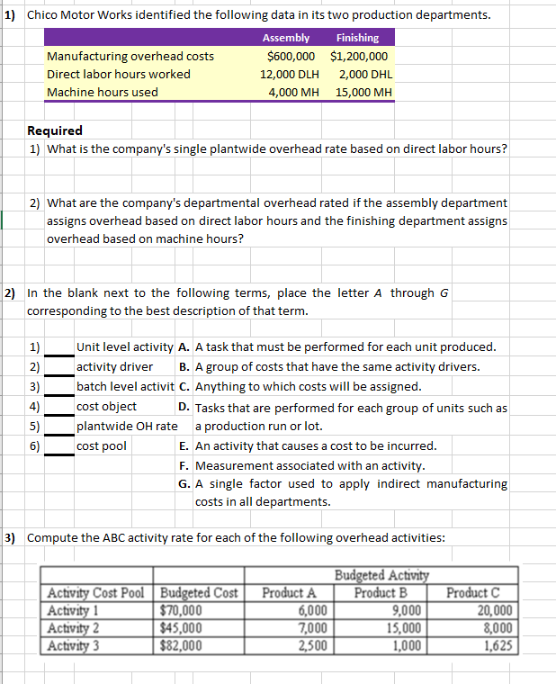 Solved Chico Motor Works identified the following data in | Chegg.com