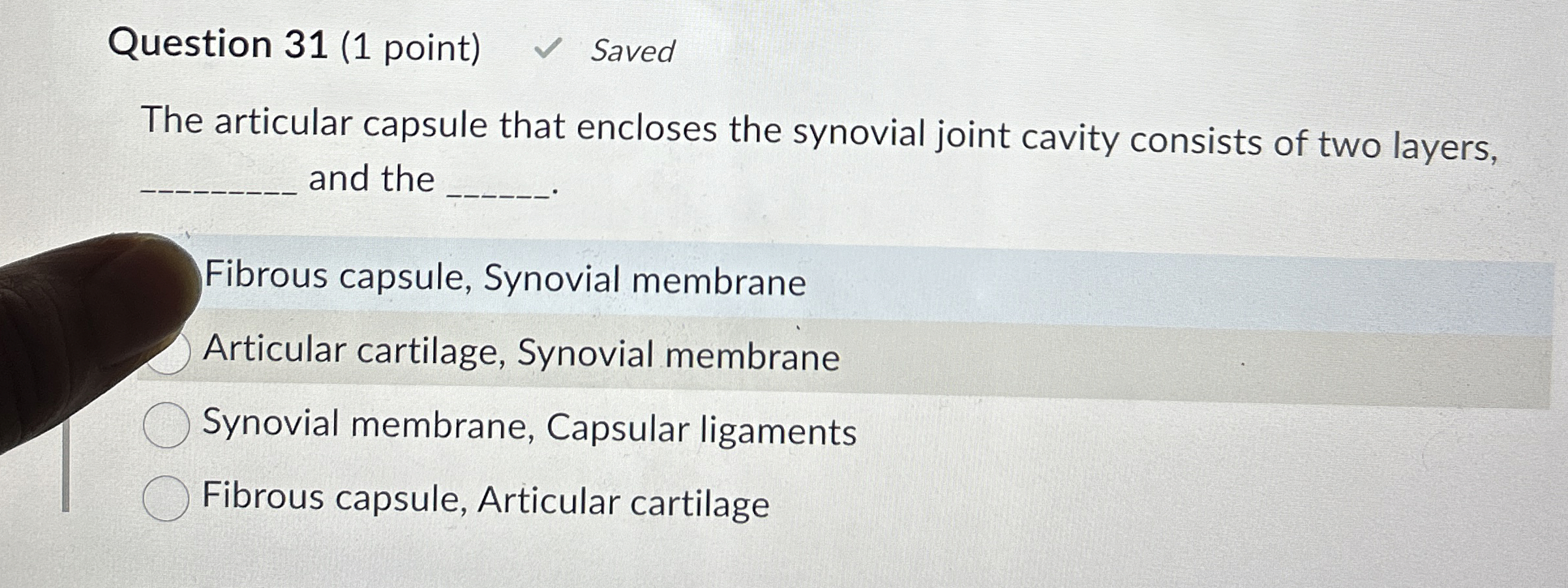 Solved Question 31 (1 ﻿point) ﻿SavedThe articular capsule | Chegg.com