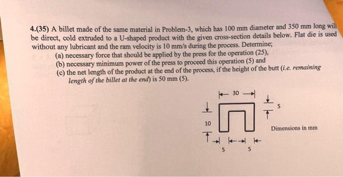Solved 4.(35) A billet made of the same material in Problem- | Chegg.com