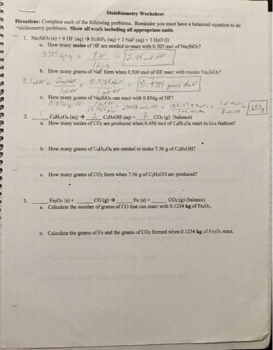 Solved Stoichiometry Worksheet Directions: Complete each of | Chegg.com