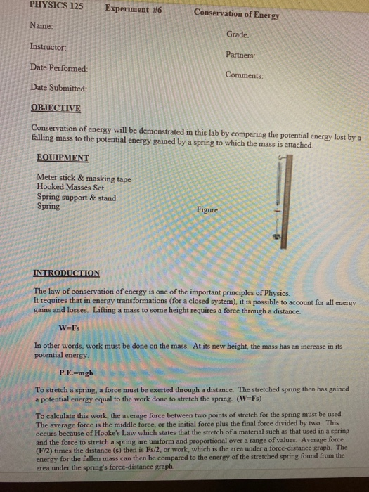 PHYSICS 125 Experiment #6 Conservation of Energy Name | Chegg.com