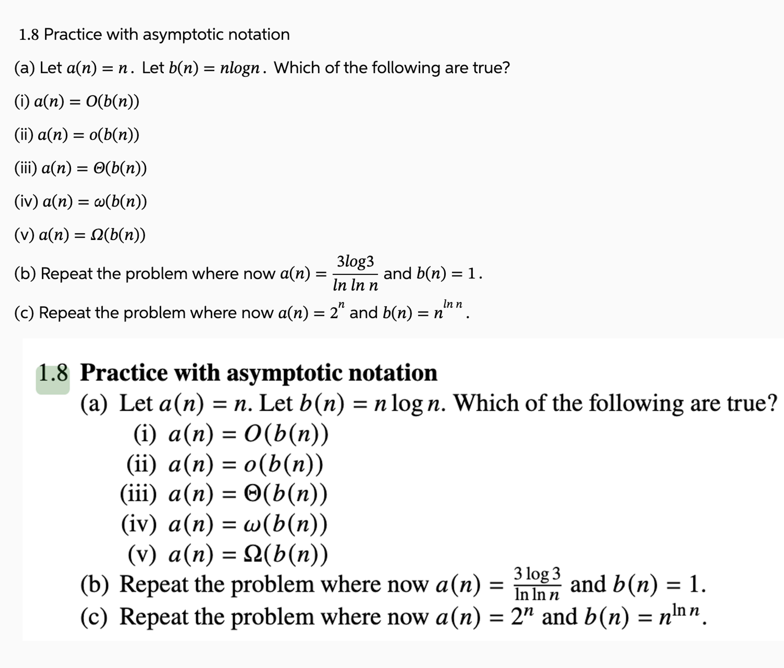 Solved 1.8 ﻿Practice with asymptotic notation(a) ﻿Let | Chegg.com