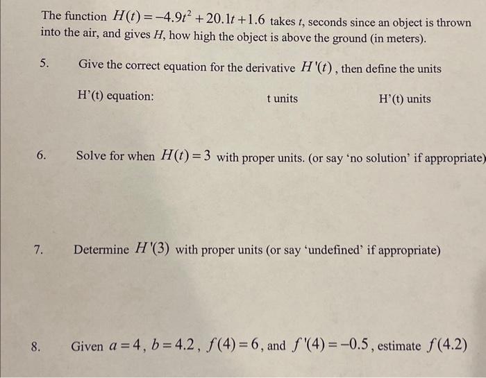 Solved The function H(t)=−4.9t2+20.1t+1.6 takes t, seconds | Chegg.com