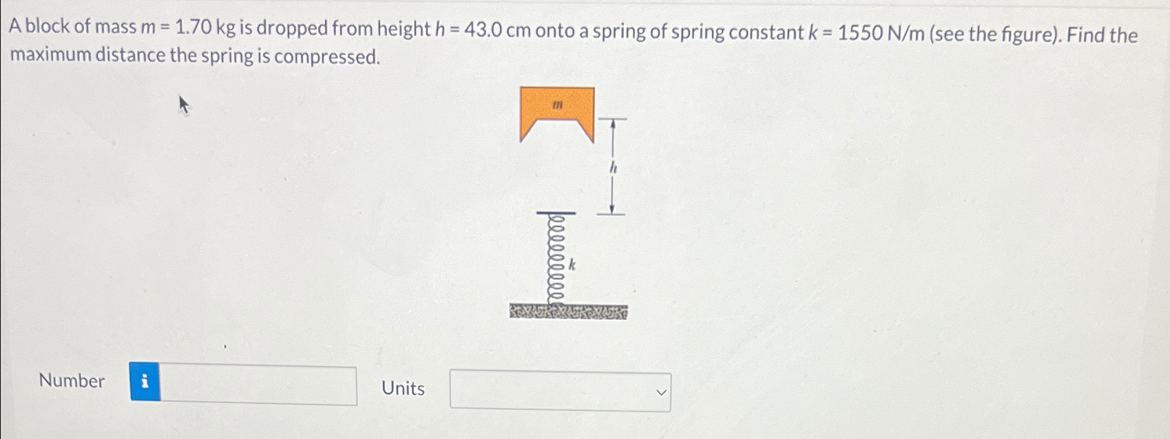 Solved A block of mass m=1.70kg ﻿is dropped from height | Chegg.com
