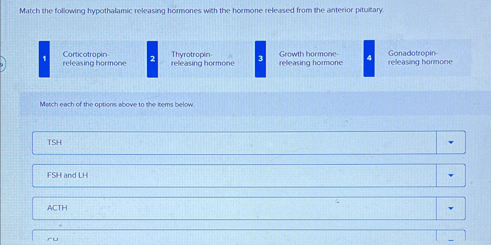 Solved Match the following hypothalamic releasing hormones | Chegg.com