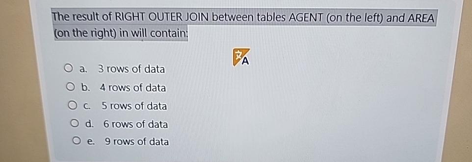 Solved The result of RIGHT OUTER JOIN between tables AGENT | Chegg.com
