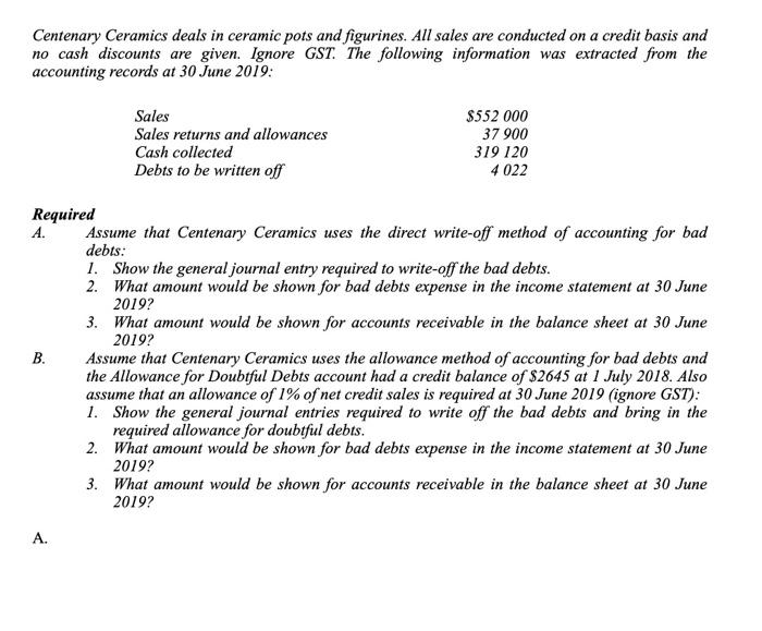 Solved Centenary Ceramics deals in ceramic pots and | Chegg.com