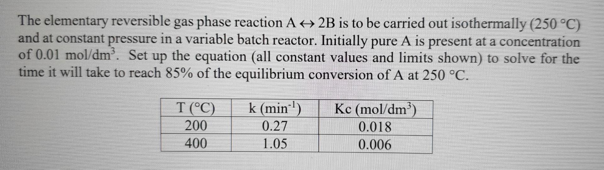 Solved a The elementary reversible gas phase reaction A + 2B | Chegg.com