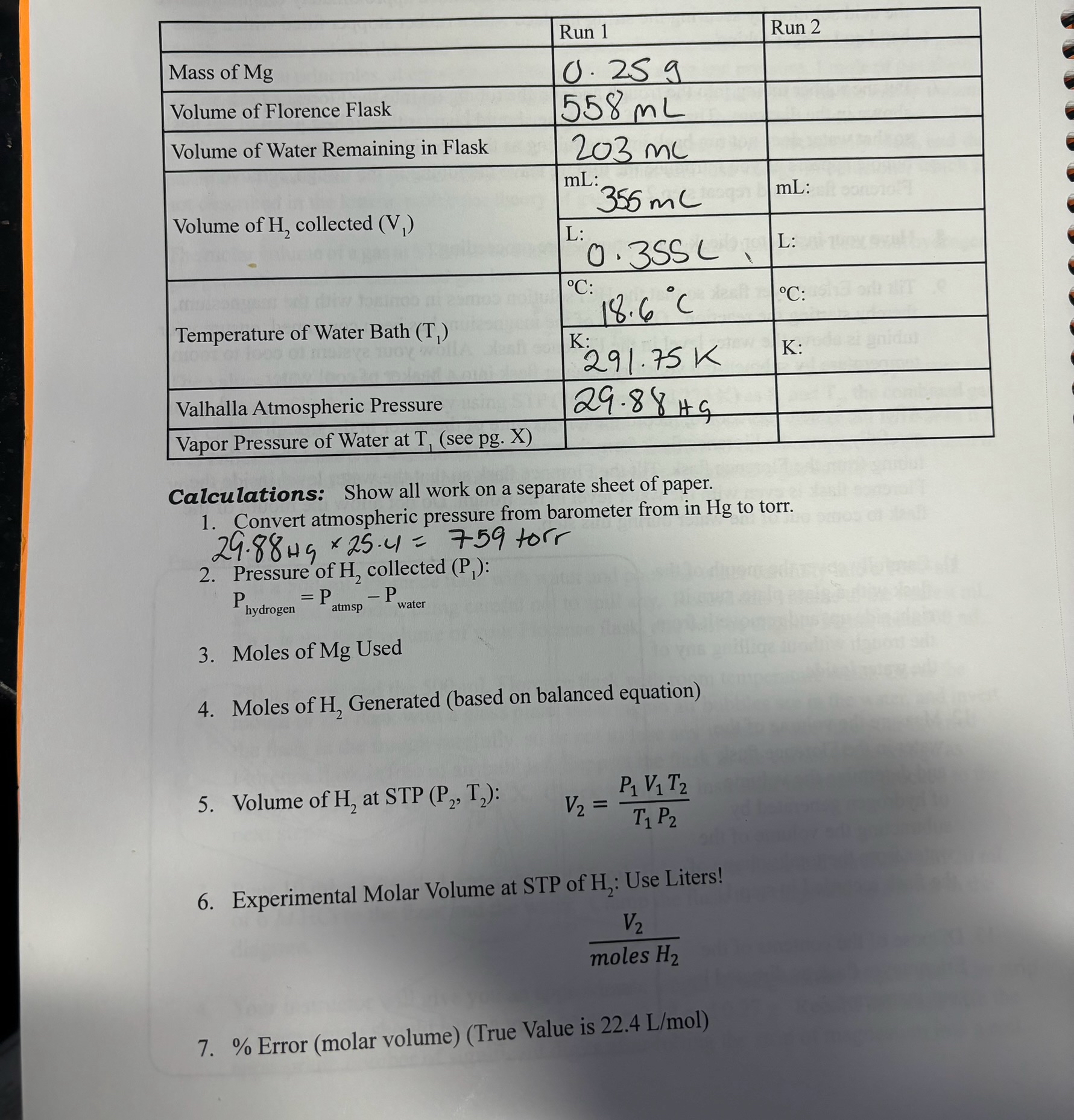 Calculations: Show all work on a separate sheet of | Chegg.com