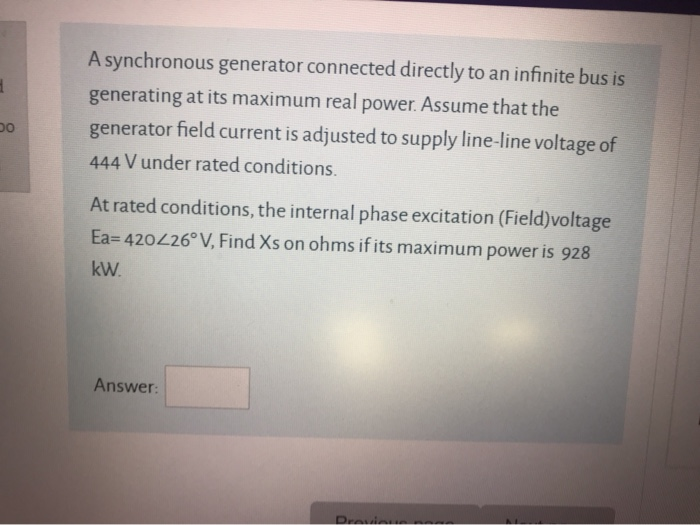 Solved 1 A synchronous generator connected directly to an | Chegg.com