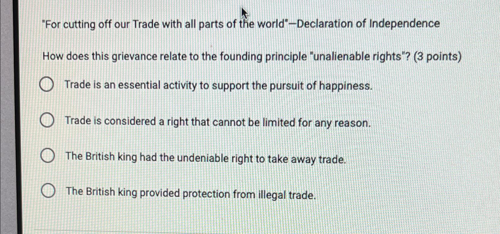 Solved "For cutting off our Trade with all parts of the | Chegg.com