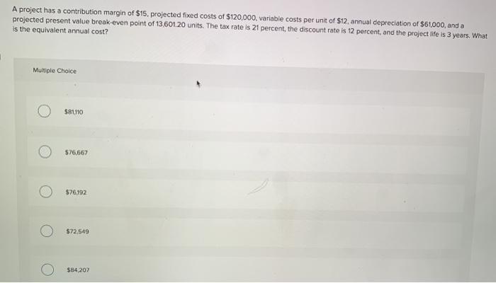 Solved A project has a contribution margin of $15, projected | Chegg.com