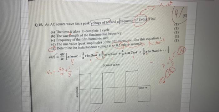 Solved Q 15. An AC square wave has a peak yoltage of 6 V | Chegg.com