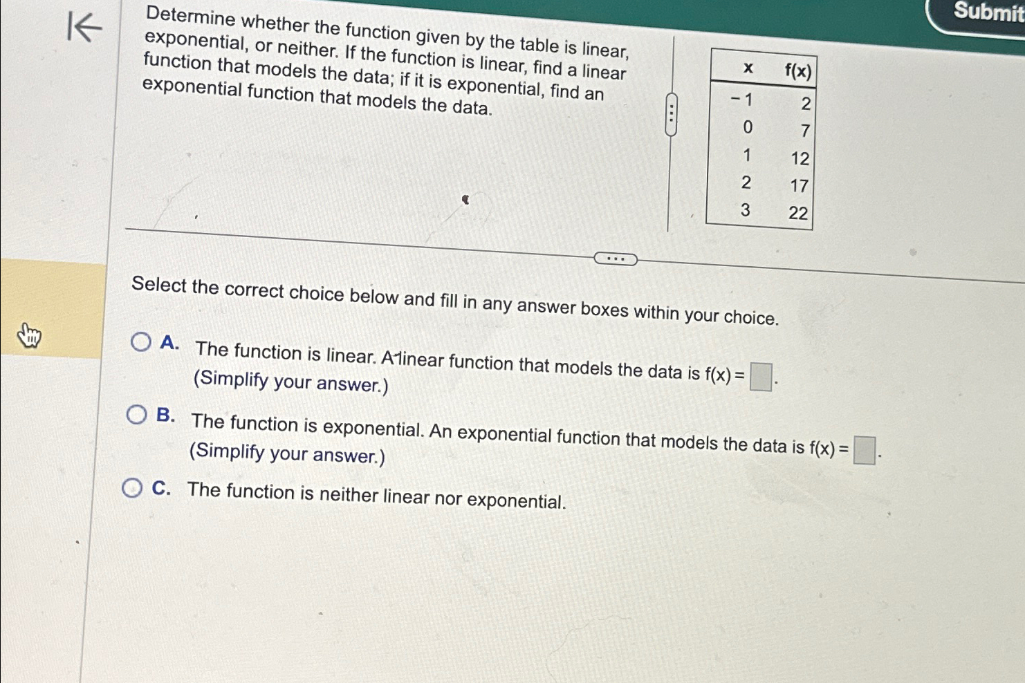 Solved Determine whether the function given by the table is | Chegg.com
