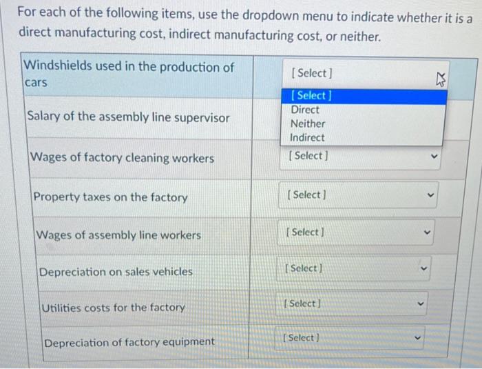 Solved For each of the following items, use the dropdown | Chegg.com