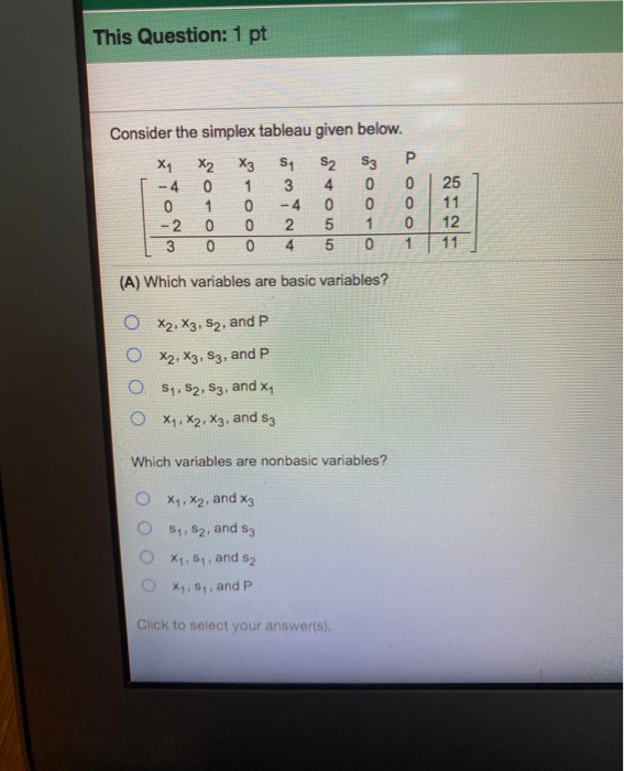 Solved This Question: 1 pt Consider the simplex tableau | Chegg.com