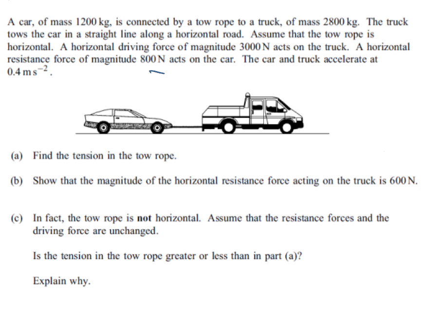 Solved A car, of mass 1200kg, ﻿is connected by a tow rope to | Chegg.com