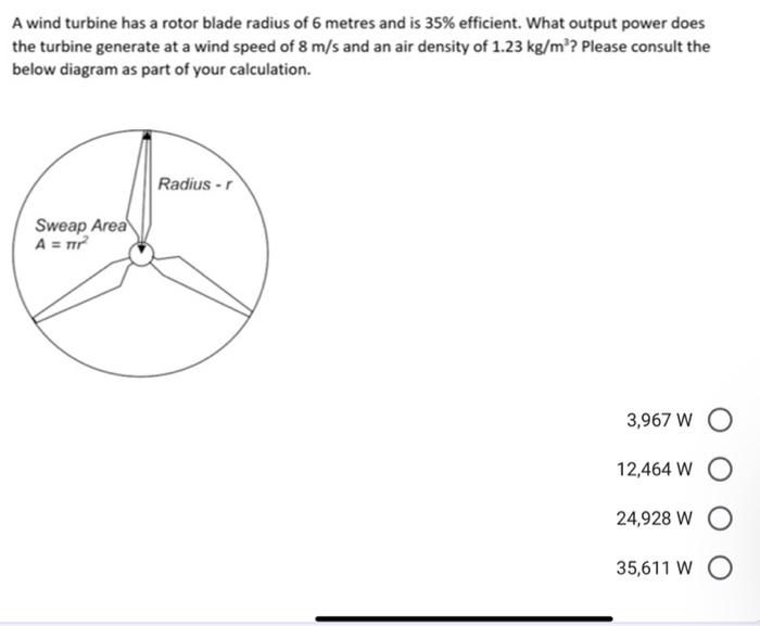 Solved A wind turbine has a rotor blade radius of 6 metres | Chegg.com