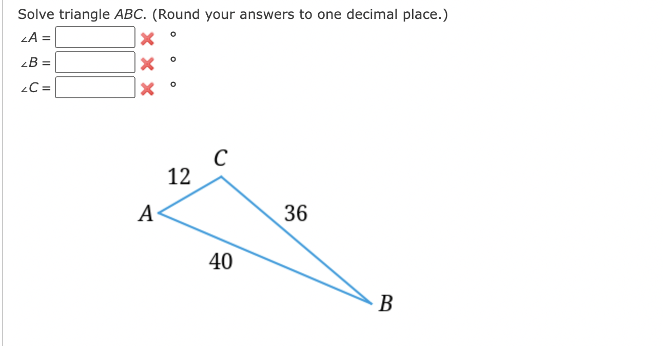 Solved Solve triangle ABC. (Round your answers to one | Chegg.com