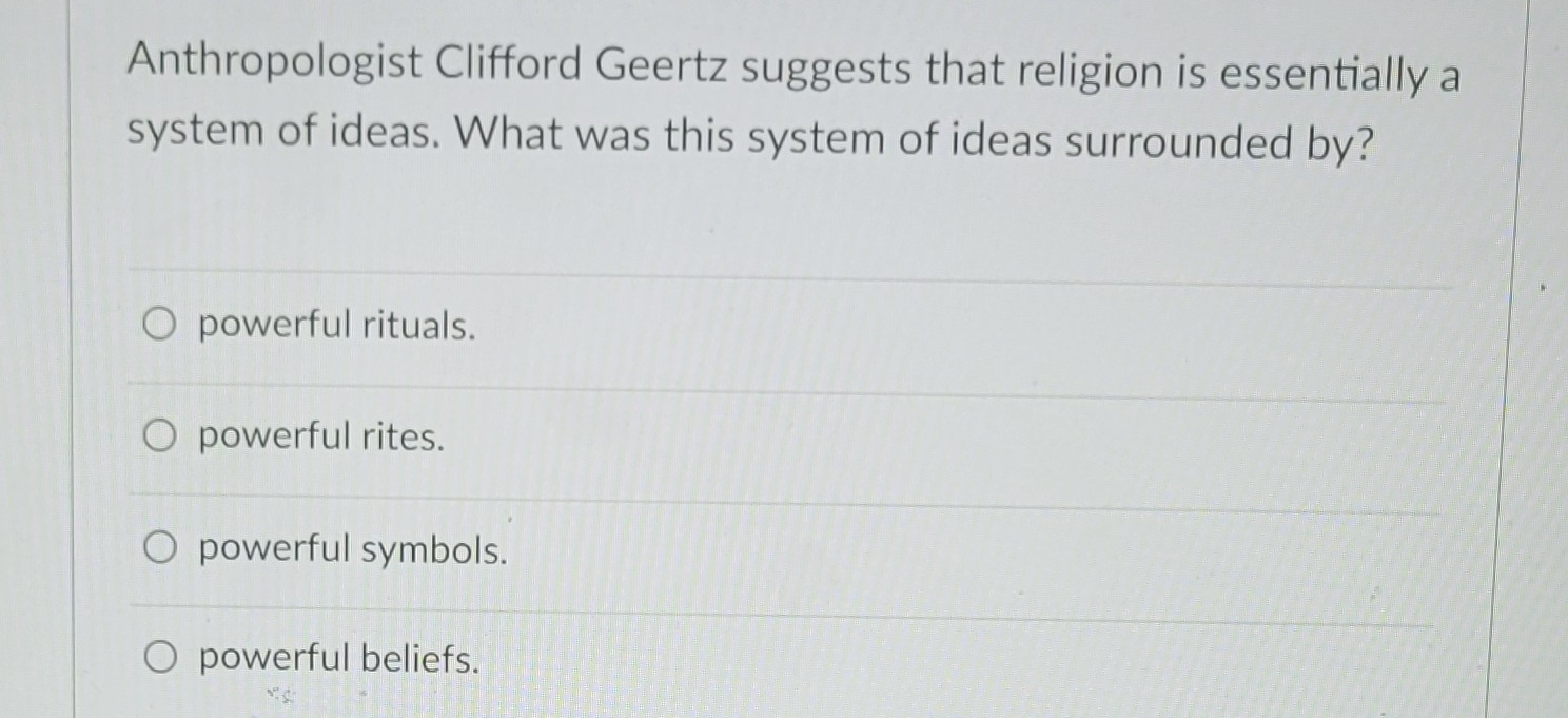 Solved Anthropologist Clifford Geertz suggests that religion | Chegg.com