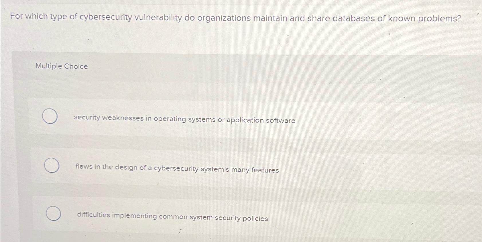 Solved For which type of cybersecurity vulnerability do | Chegg.com