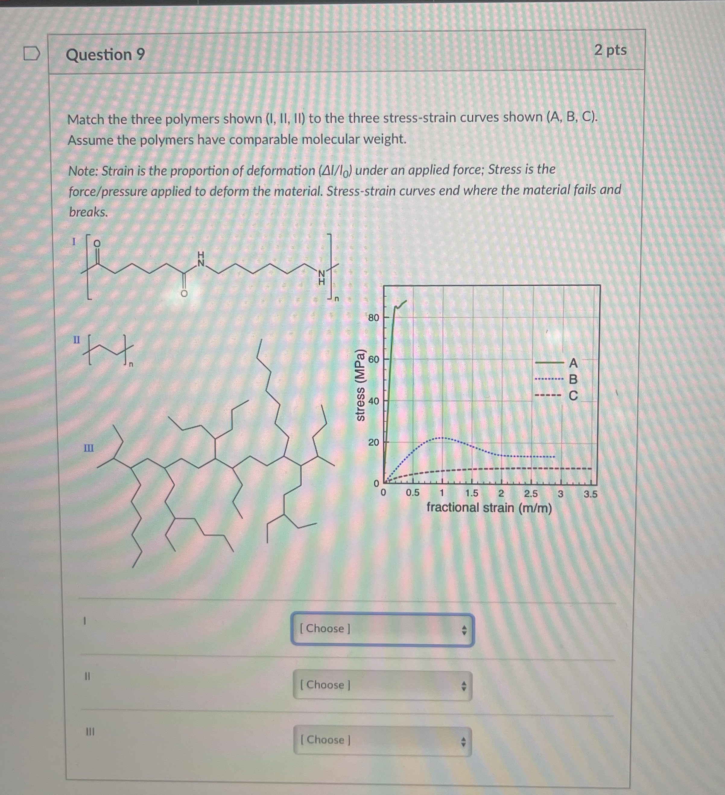 Solved Question 92 ﻿ptsMatch the three polymers shown (I, | Chegg.com