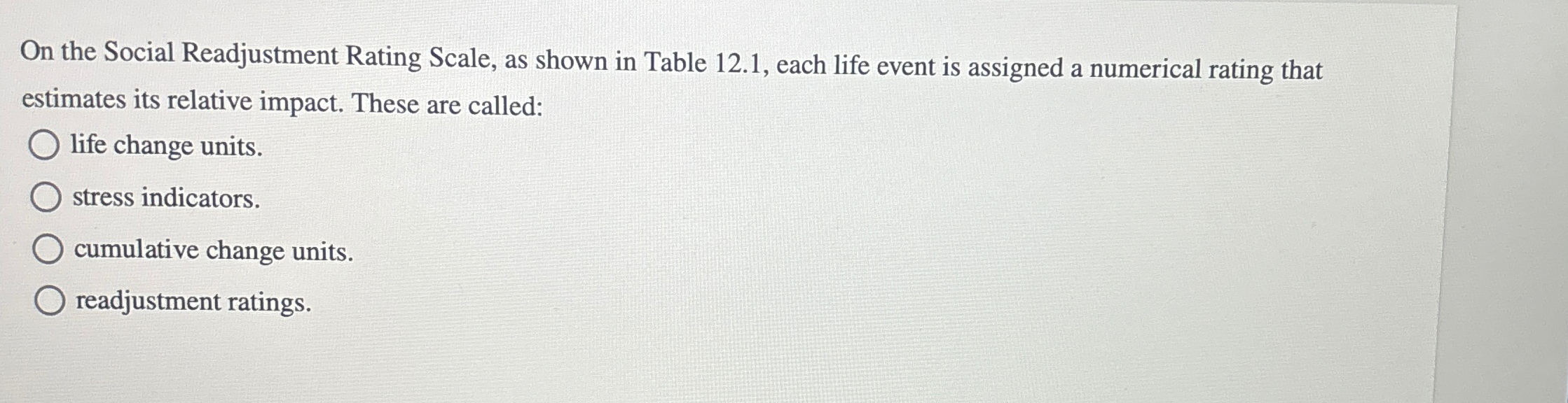 Solved On the Social Readjustment Rating Scale, as shown in | Chegg.com