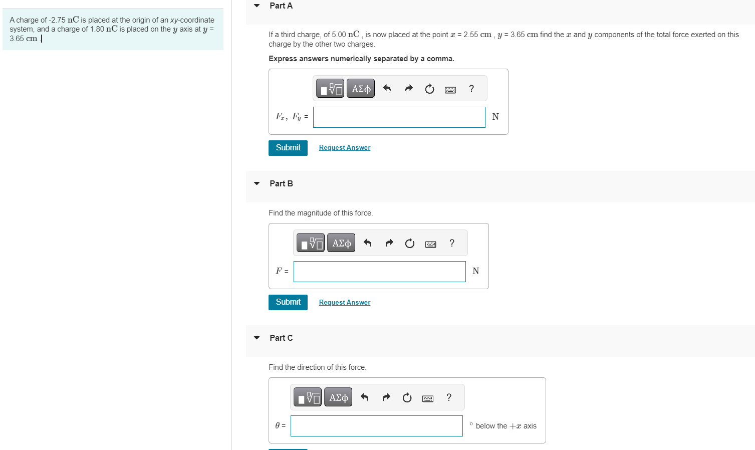 Solved Part AA charge of -2.75nC ﻿is placed at the origin of | Chegg.com