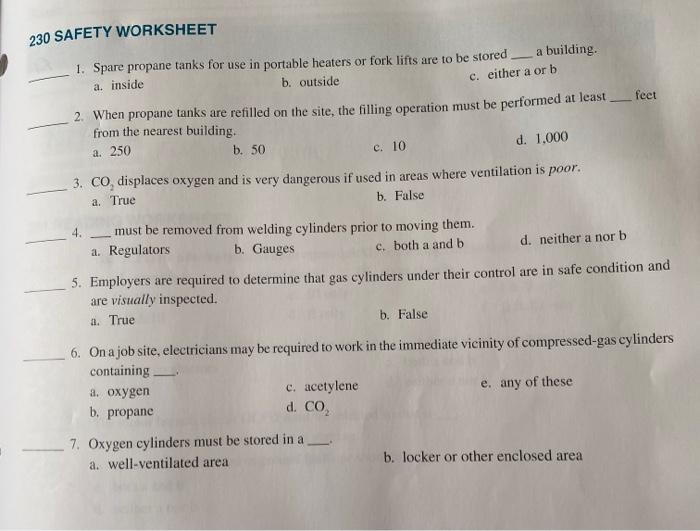 Solved feet 230 SAFETY WORKSHEET 1. Spare propane tanks for | Chegg.com
