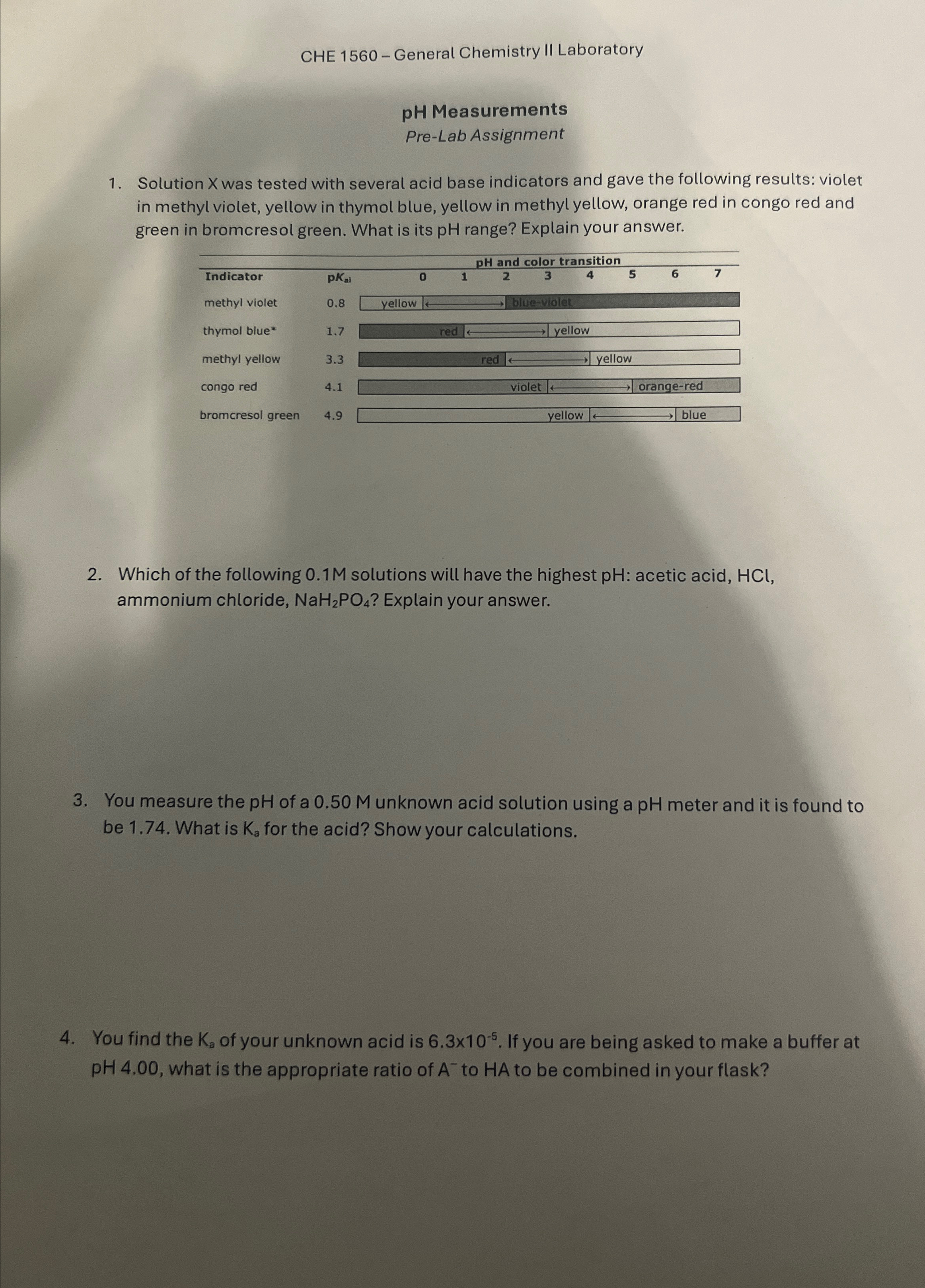 Solved CHE 1560 - ﻿General Chemistry II LaboratorypH | Chegg.com