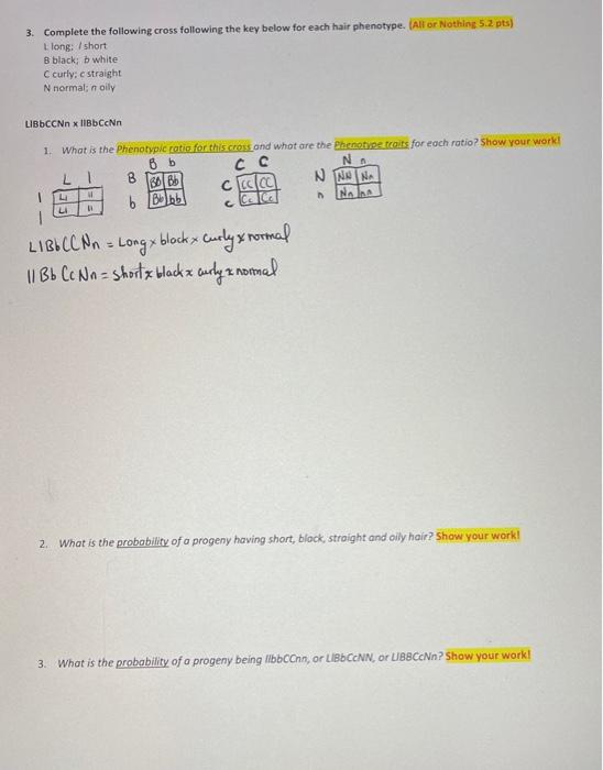 Solved 3. Complete the following cross following the key | Chegg.com