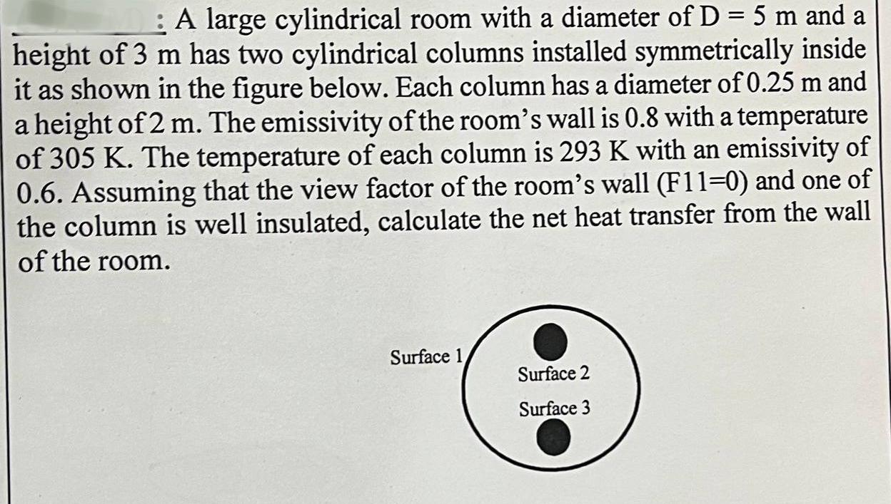 Solved A large cylindrical room with a diameter of D = 5 m | Chegg.com