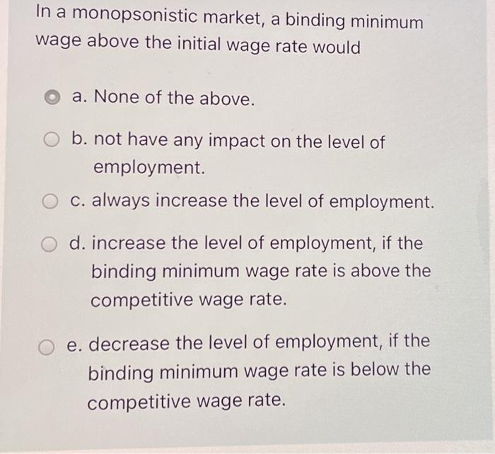 Solved In a monopsonistic market, a binding minimum wage | Chegg.com