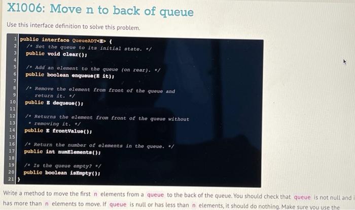 Solved X1006: Move n to back of queue Use this interface | Chegg.com