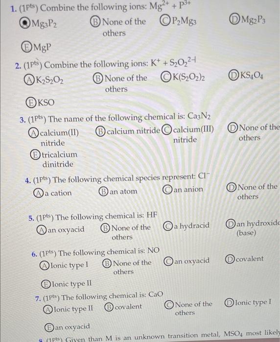 Solved 1. (1pts) Combine the following ions: Mg2+ + p3+ | Chegg.com